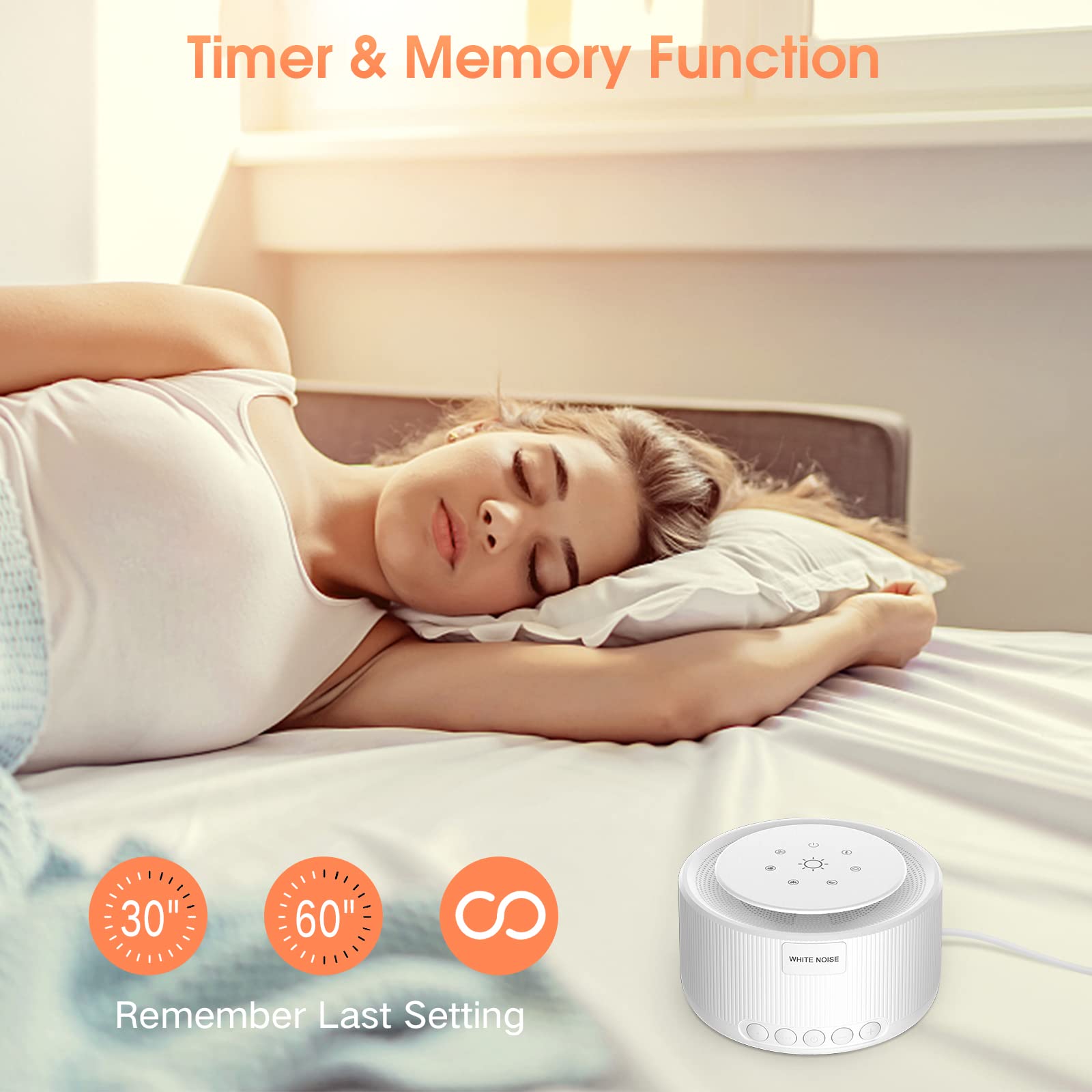 White Noise Machine, UMZRUVH Sound Machine with 30 High-fidelity Non-looping Sounds 36-Level Volume, Noise Machine with Memory Function and Timer, Touch Night Light Sound Machine for Adults Baby Elder