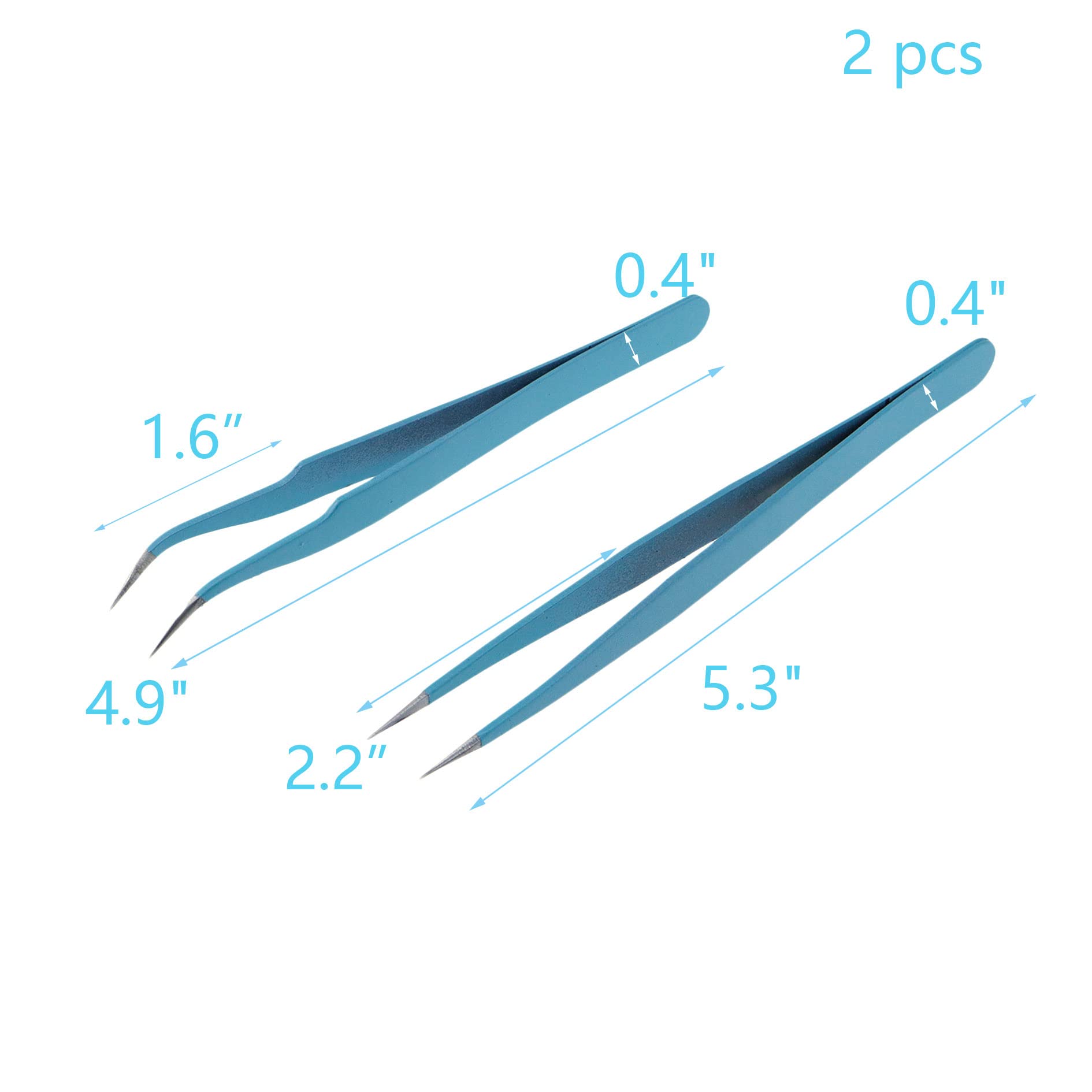 Wealrit 2 pcs Light Blue Tweezers Kit,Stainless Steel Sharp Tweezers,Pointed Tweezers with Sharp Precision Needle,Precision Pluckers for Eyebrows Facial Hair Chin Hair(Straight and Bent Tip)