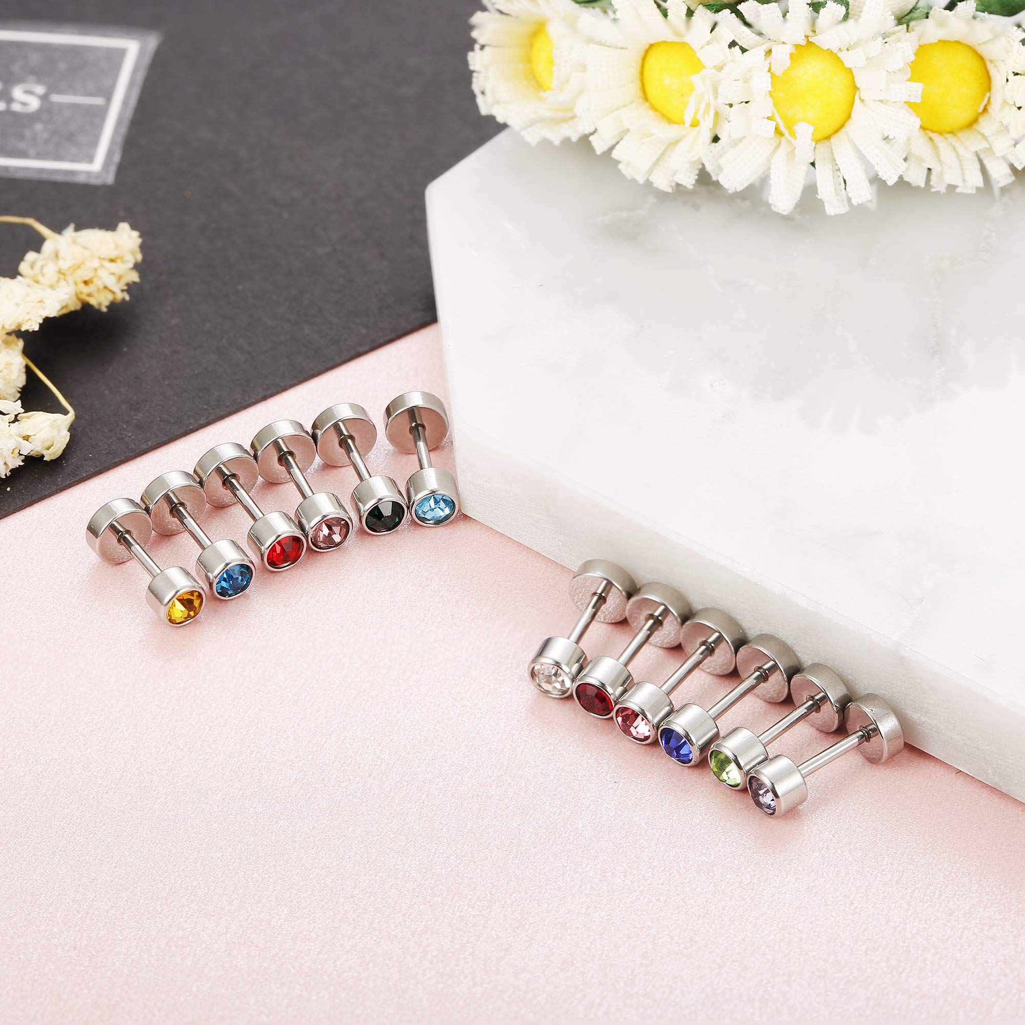 ORAZIO 12 Pairs Stainless Steel CZ Stud Earrings for Women Cubic Zirconia Cartilage Stud Earring Screwback 4mm