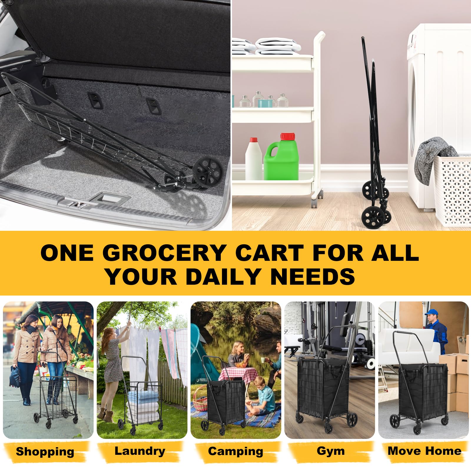 Realife Foldable Shopping Cart with Liner, Portable Utility Cart with Wheels for Grocery and Heavy Duty, 120lbs, Black