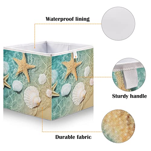 Sletend Cube Storage Bins Ocean Beach Starfish Seashell Collapsible Storage Baskets Foldable Fabric Storage Box for Clothes, Toys 11" x 11" x 11"