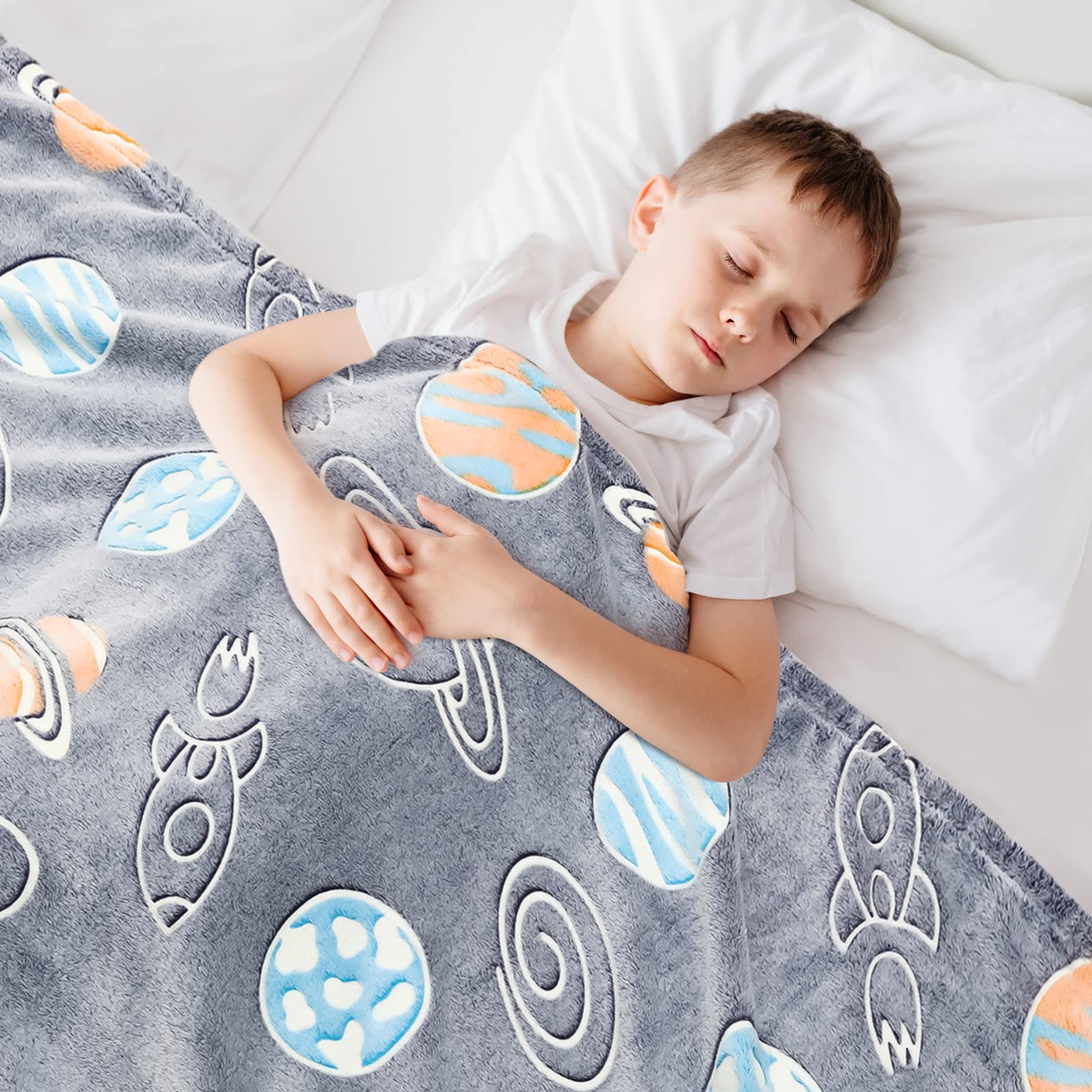 MeMoreCool Space Planet Glow in The Dark Throw Blanket - Soft Flannel Blanket for Kids and Adults, Decorative Luminous Throw for Bed Sofa Couch Car, Birthday, 50x60 Inches