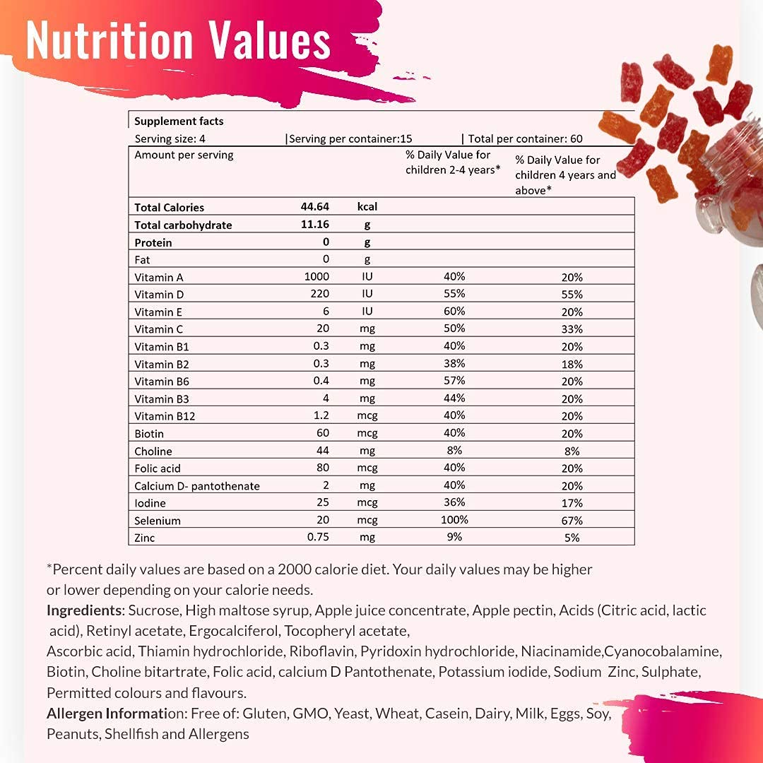 Organic Touch British Life Sciences Happi Kidz Multivitamin Gummies for Kids (60 Gummy Bears) with Vitamins and Minerals for Growth and Immunity, Orange & Strawberry Flavour