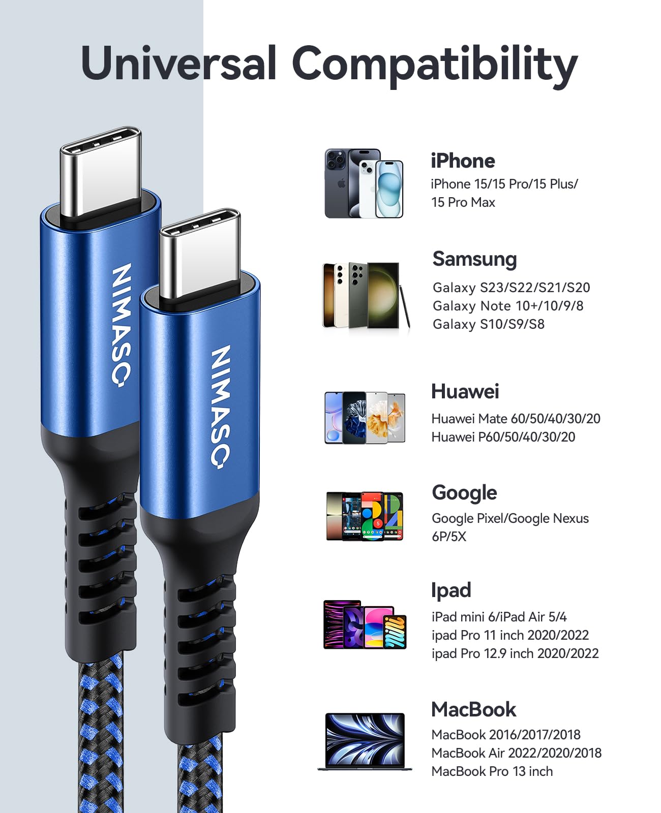 NIMASO 3 Pack [10ft+6.6ft+3.3ft] USB C to USB C Fast Charging Cable 60W, Nylon Braided USB C to C Cable Compatible with Samsung Galaxy S21 S21+ S21 Ultra S20 Ultra, Google Pixel 5 4 XL, iPad Pro 2020
