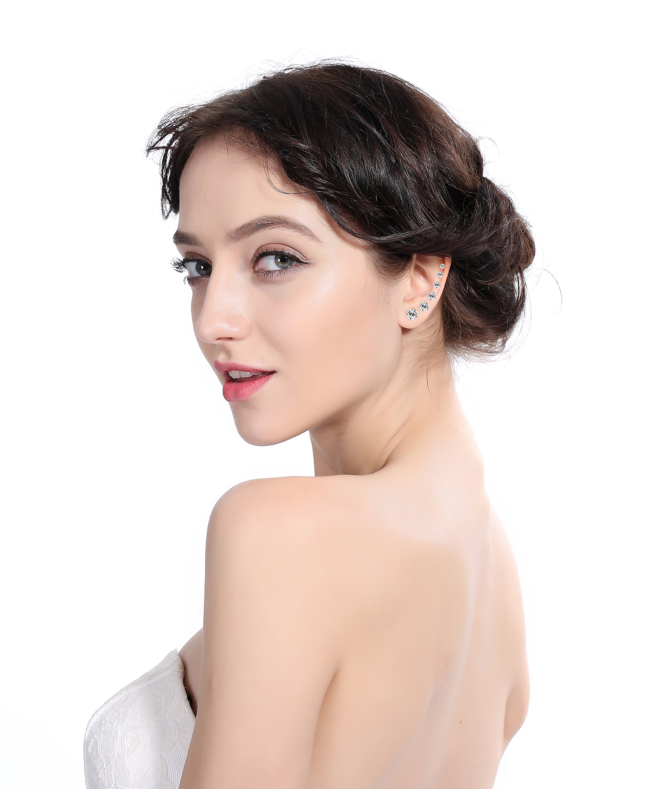 ORAZIO 6 Pairs Stainless Steel CZ Stud Earrings for Women Cartilage Stud Earrings Screwback Silver Tone 3-8mm