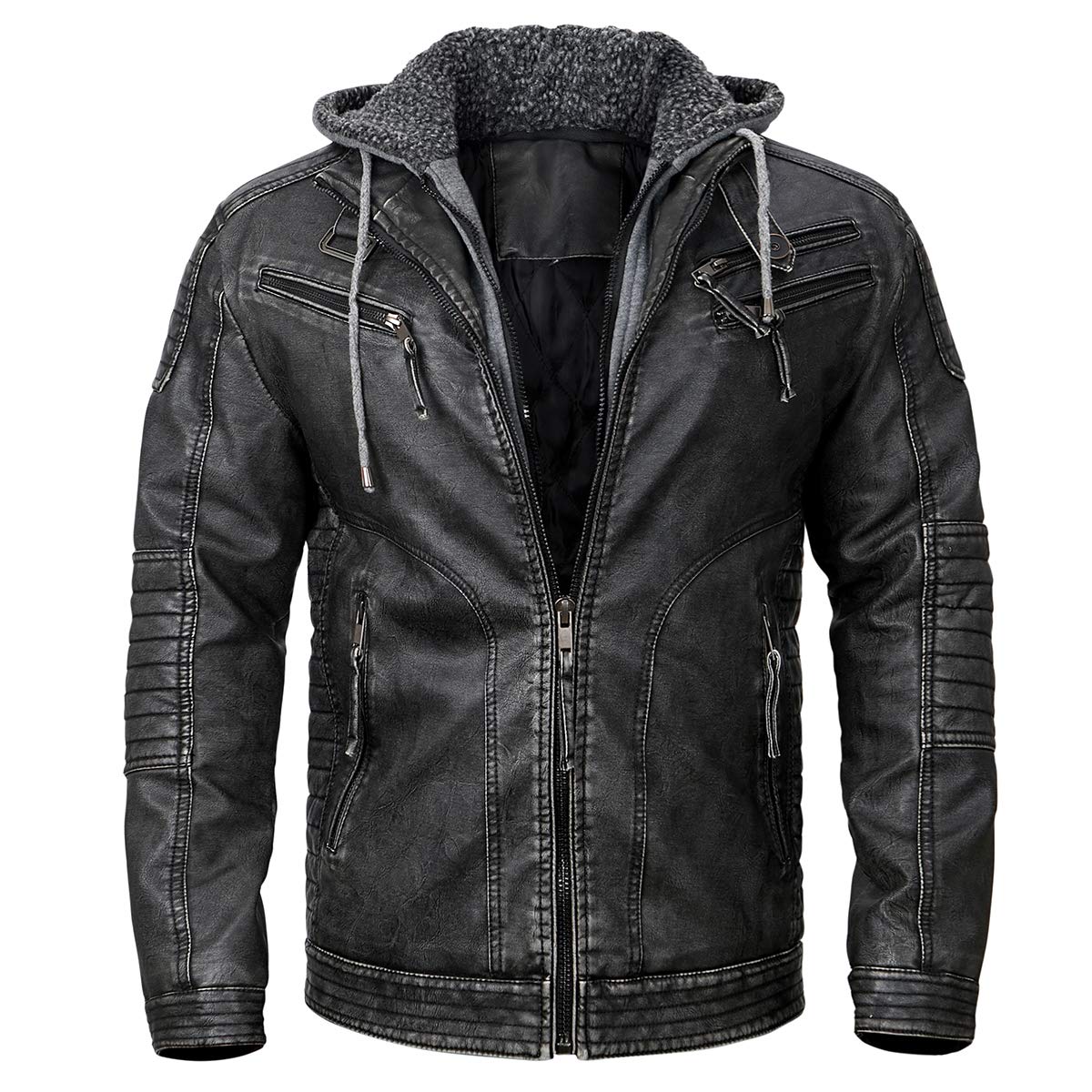 NAVEKULL Men's Faux Leather Jacket Winter Vintage Motorcycle Biker Jacket with Fleece Removable Hood