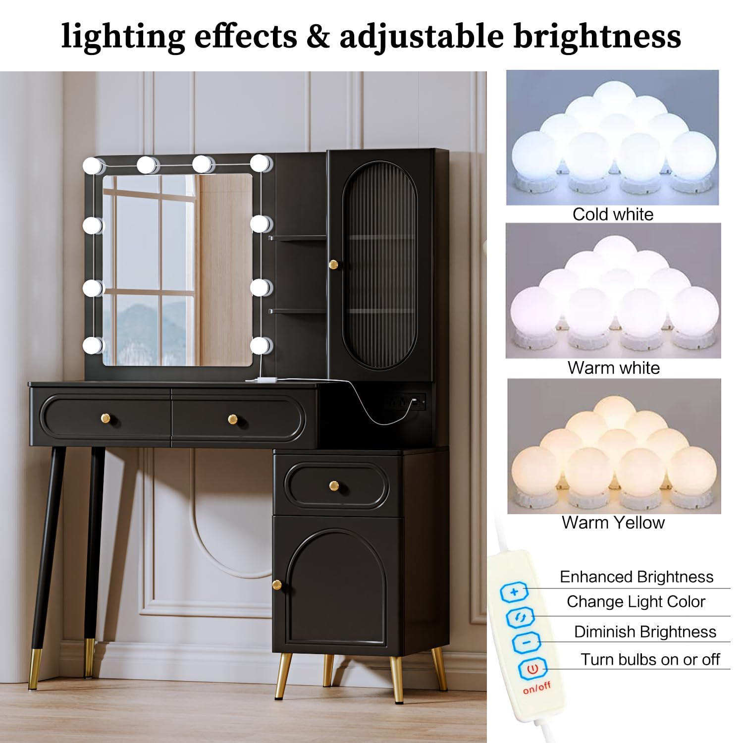 YYJ Vanity Desk with Mirror and Lights,Modern High Capacity Makeup Vanity with 3 Drawers,Makeup Table with Power Outlet and 10 Lights,Writing Desk for Bedroom,Makeup Room, Black