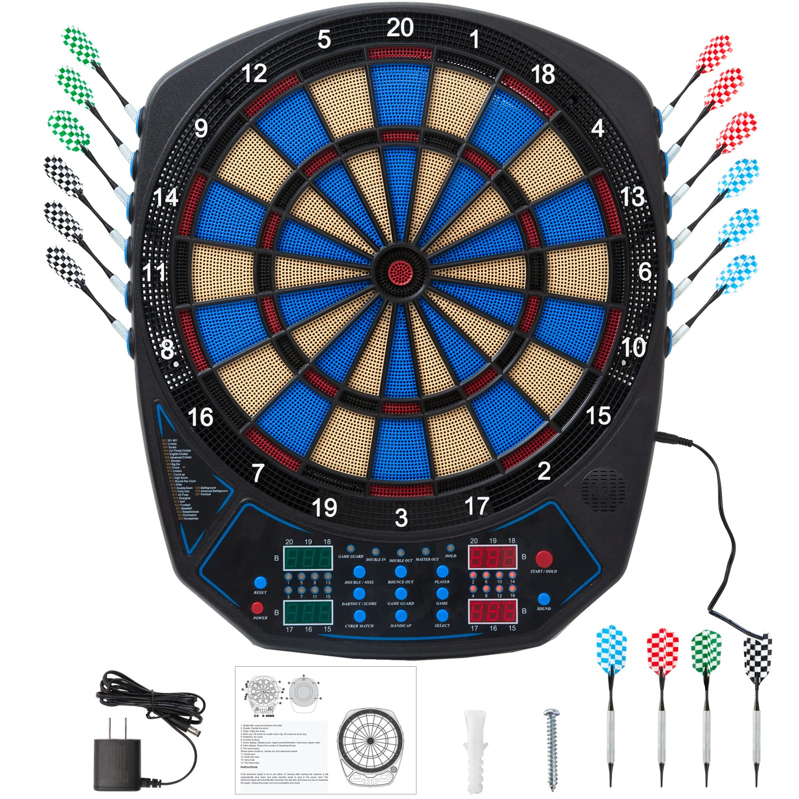 OLI Electronic Dart Board with 12 Soft Tip Darts, LED Display Automatic Scoring Dartboard Sets for Adults, 100 Plastic Tips & Power Adapter Include (Blue)