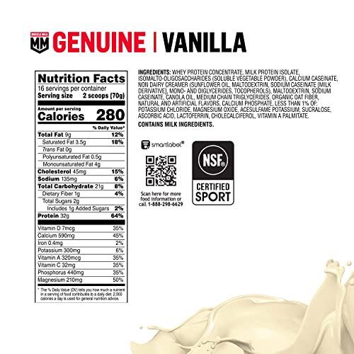 Muscle Milk Genuine Protein Powder, Vanilla Crème, 2.47 Pound, 16 Servings, 32g Protein, 2g Sugar, Calcium, Vitamins A, C & D, NSF Certified for Sport, Energizing Snack, Packaging May Vary