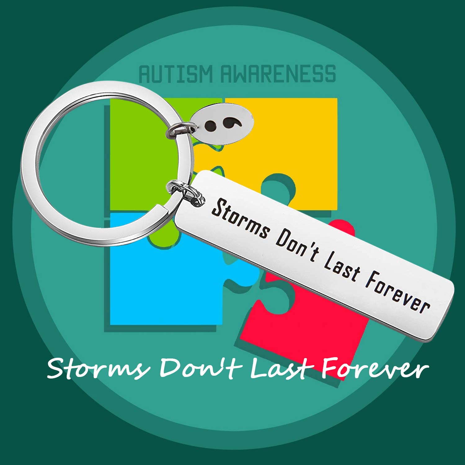 QIIER Storms Don't Last Forever Semicolon Keychain Suicide Prevention Awareness Depression Awareness Inspirational Semi Colon Jewelry (silver)