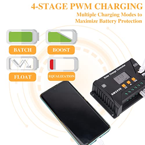 PWM Solar Charge Controller 12V 10A Waterproof, PWM Negative Ground Solar Charge Controller 12V/24V with LCD Display for AGM, Gel, Flooded and Lithium Battery