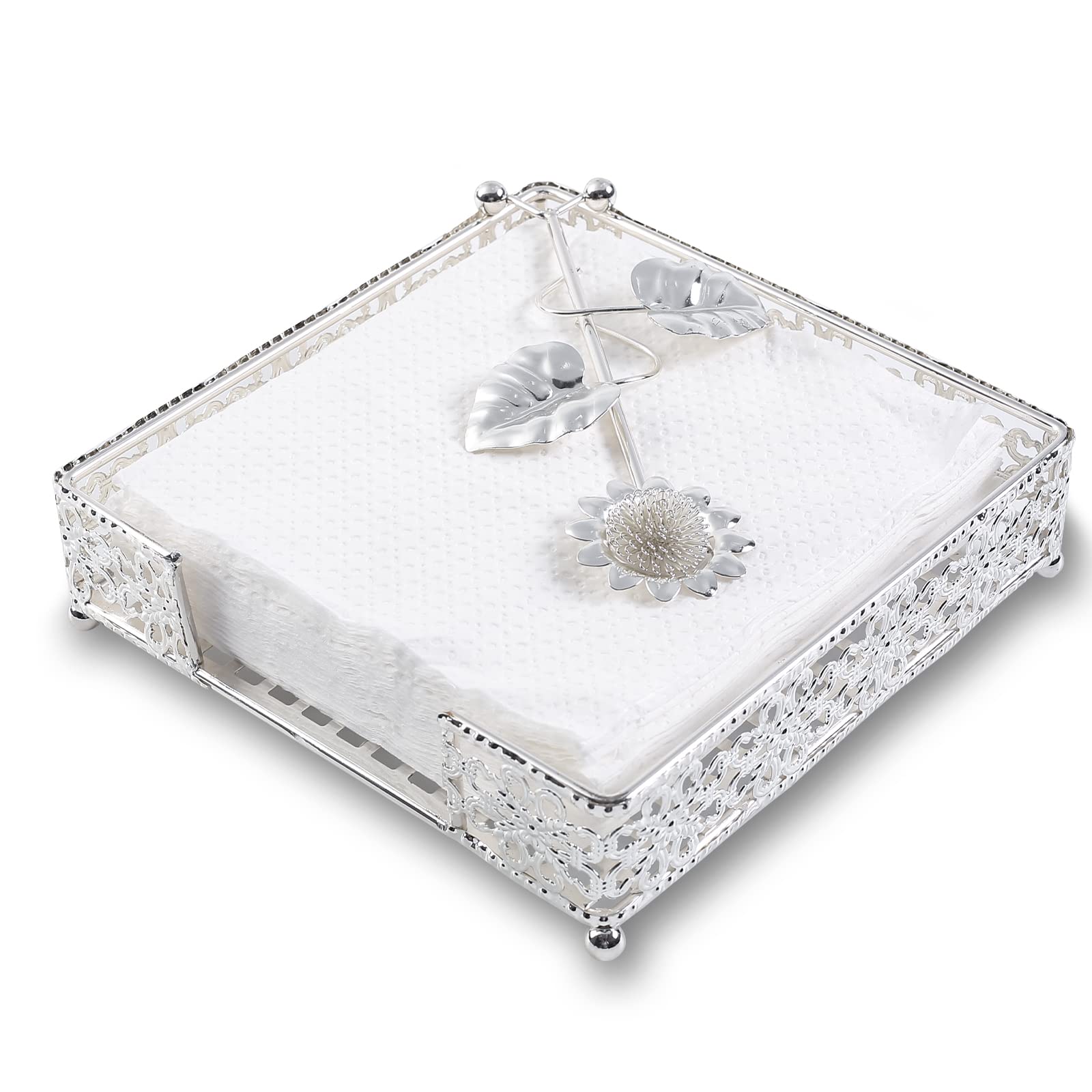 Silver Flat Napkin Holder for Table - Metal Napkin Holder with Weighted Arm, Vintage Square Kitchen Napkin Holder, Farmhouse Napkin Holder for Home, Restaurant, Bathroom and Outdoor