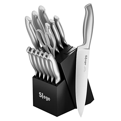 Slege 15pcs Kitchen Knife Set with Built-in Sharpener, One-Piece Design, Stainless Steel Kitchen Knives - Frosted Silver