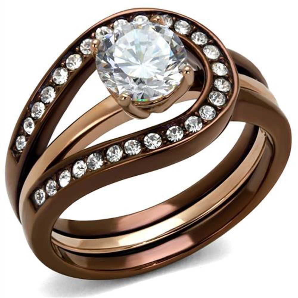 Marimor Jewelry Womens 1 Carat Cubic Zirconia Rose and Brown Stainless Steel 2 Piece Wedding Ring Set Size 6