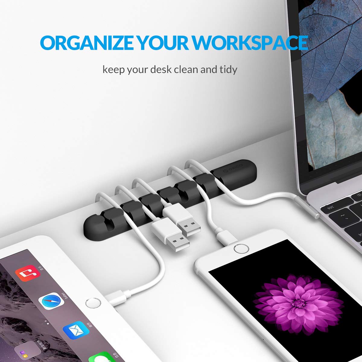 ORICO Adhesive Cable Clip, 7 Slots Wire Holder for Organizing USB, Ethernet, Mouse, Earphone Cable Wires, Home Office Desk Cable Management (Black)