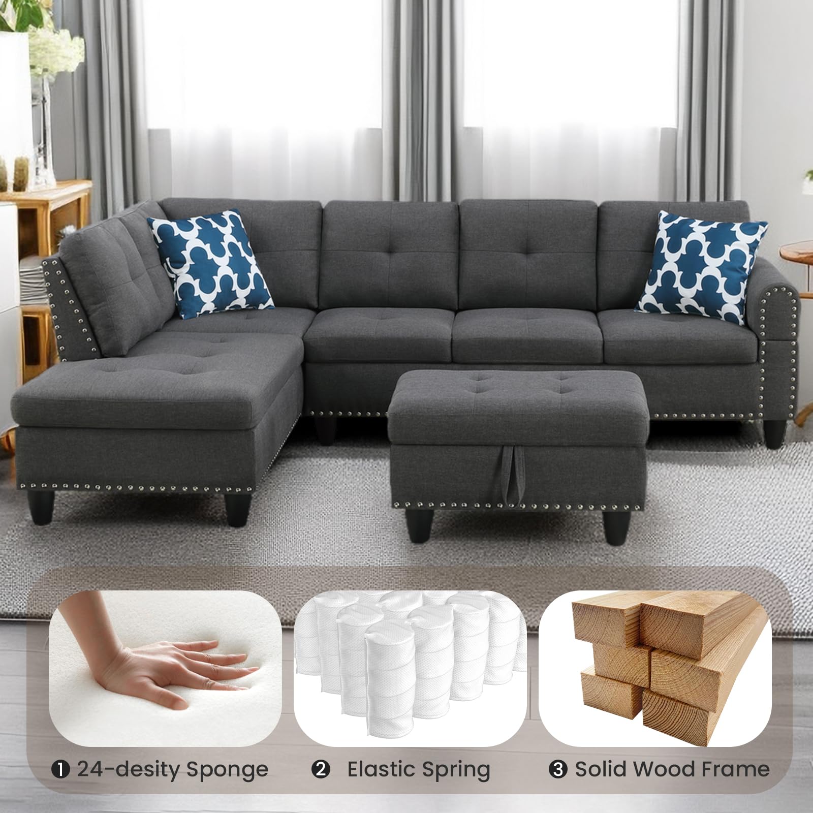 Yafylly L Shaped Sectional Couch, Living Room Furniture Set with Storage Ottoman, Deep Seat Modular Sofa with 2 Cup Holders, 2 Throw Pillows for Large Space, Grey