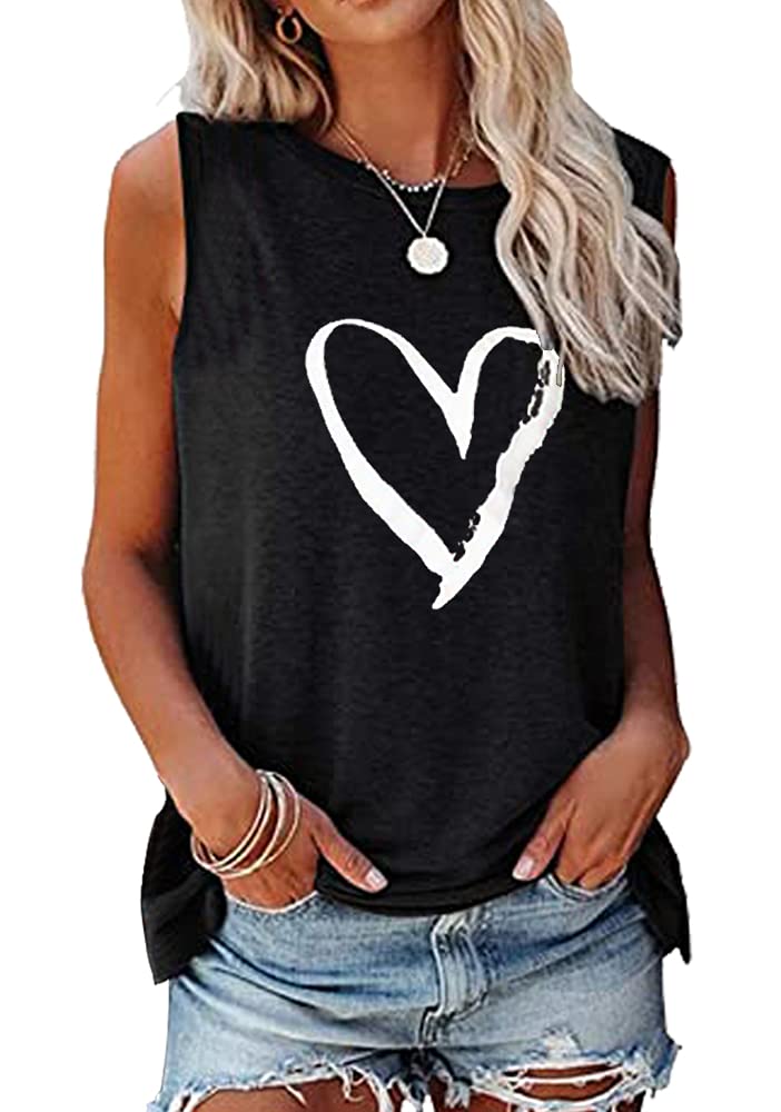 MAGICMK Women Summer Casual Sleeveless Tank Tops Crew Neck Graphic Basic Black Shirts (L, Black+White)