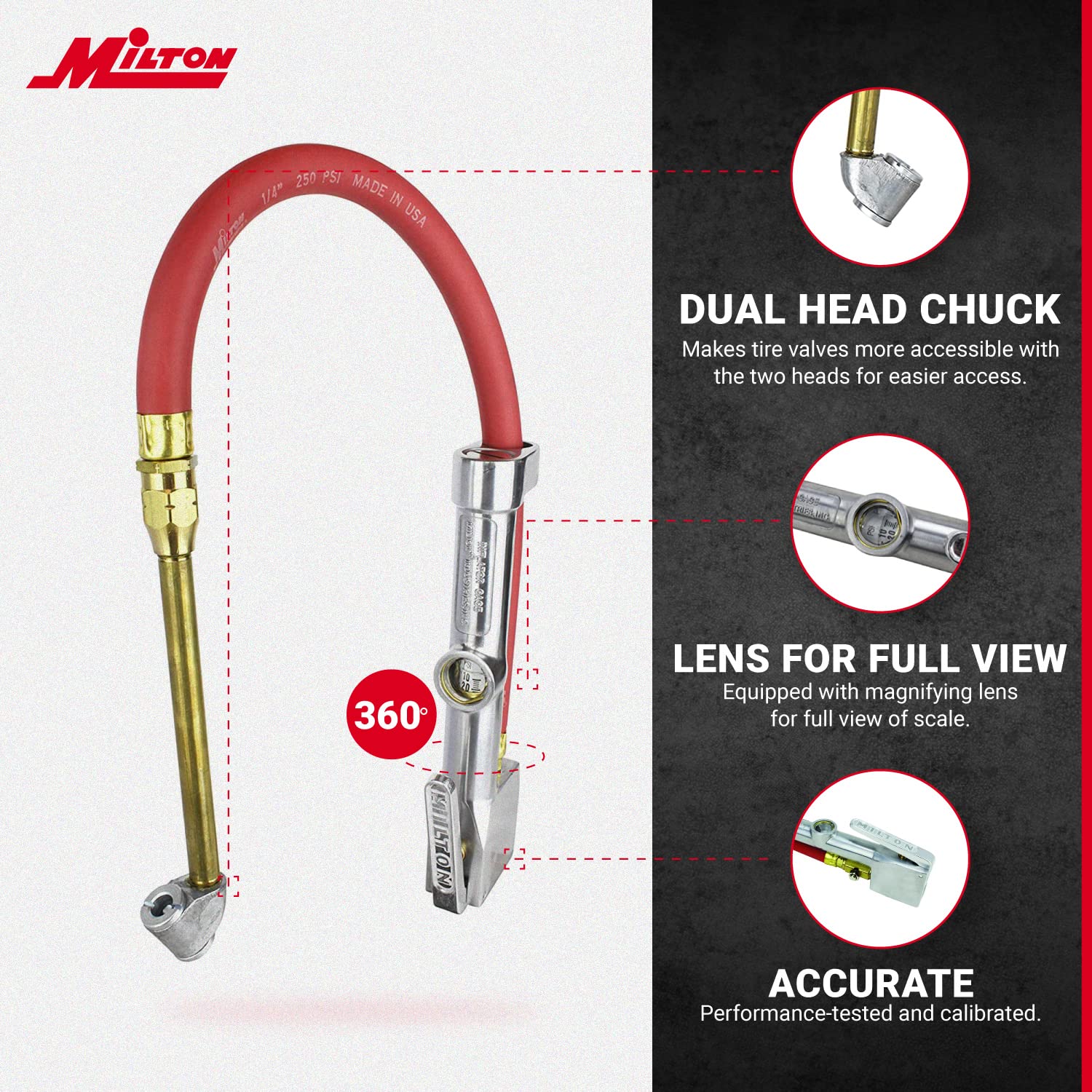 Milton S-506 Original Service Station Tire Inflator and Air Pressure Gauge, Dual Head Chuck, 1/4" NPT, 15" Rubber Hose, 10-160 PSI