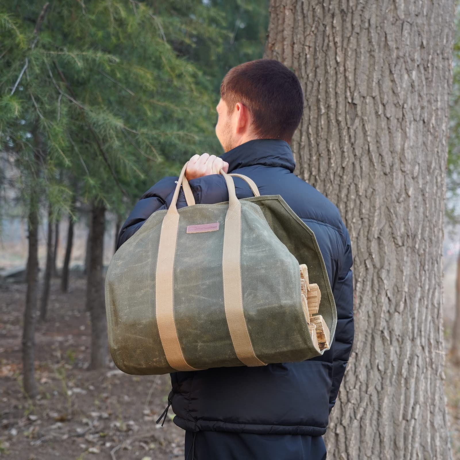 MYFIREPLACEDIRECT Sturdy Waxed Canvas Firewood Log Carrier, Durable Firepalce Wood Bag with Reinforce Duty Straps