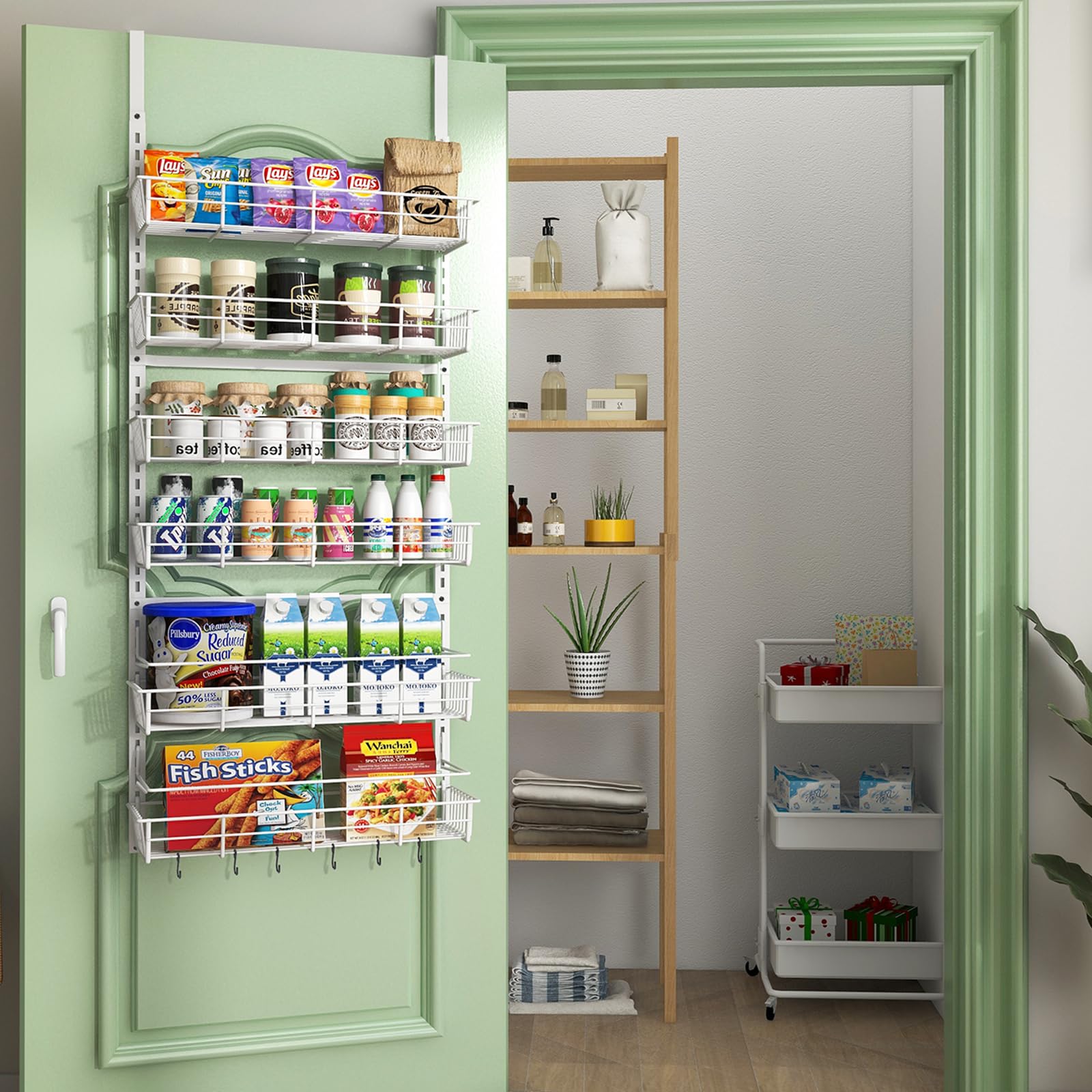 Mefirt Over The Door Pantry Organizer, Wall Mount Spice Rack, Pantry Hanging Storage and Organization, 6 Adjustable Baskets Heavy-Duty Metal for Home & Kitchen, Back of Door Seasoning Rack - White