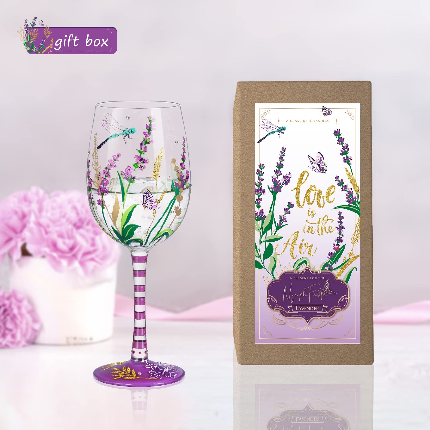 NymphFable Hand Painted Wine Glass Purple Lavendar & Dragonfly Birthday Gift for Women with Personalised Gift Box, 15oz