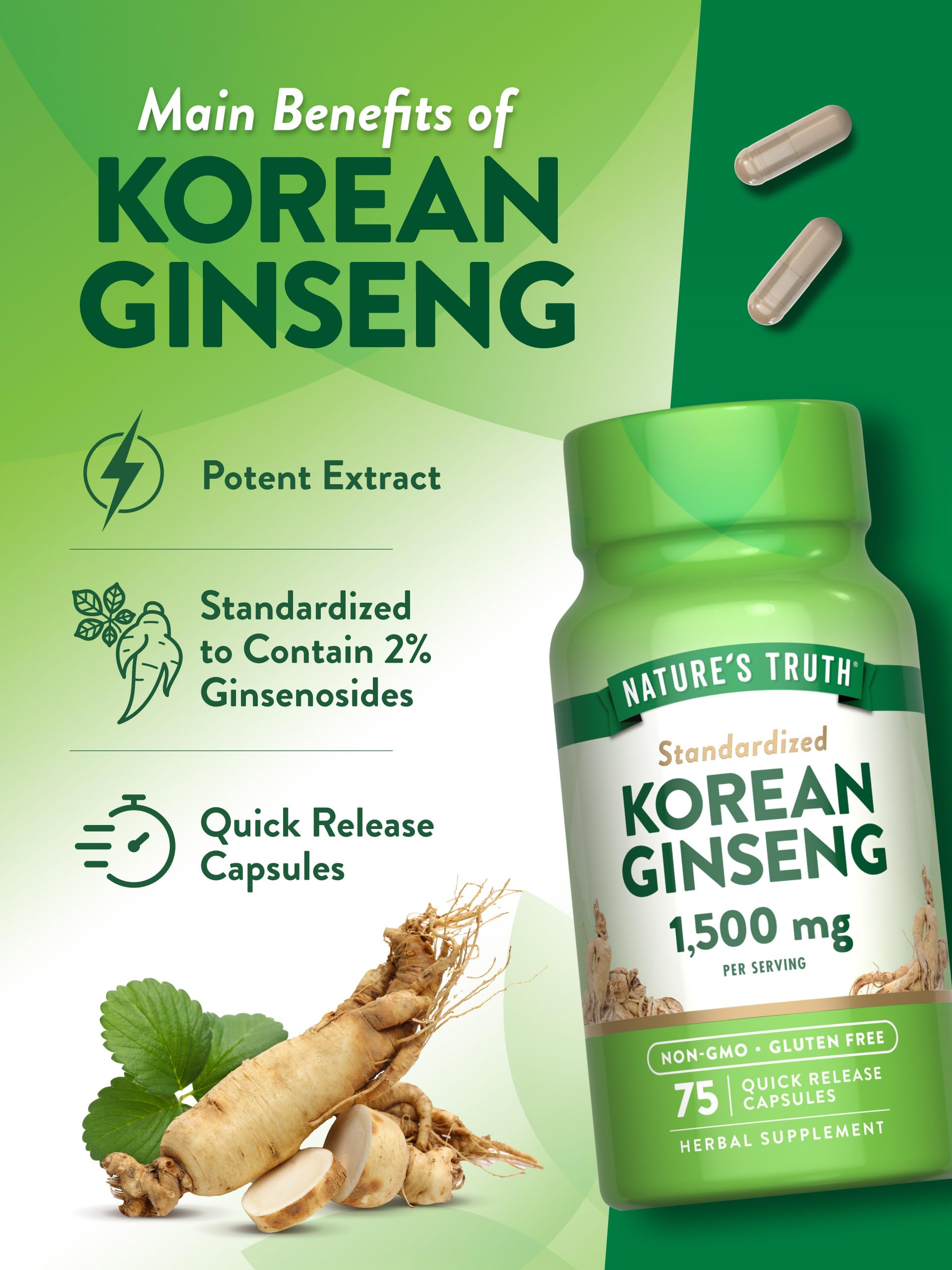 Nature's Truth Korean Ginseng Capsules | 75 Count | Standardized Extract from Ginseng Root | Non-GMO, Gluten Free Supplement