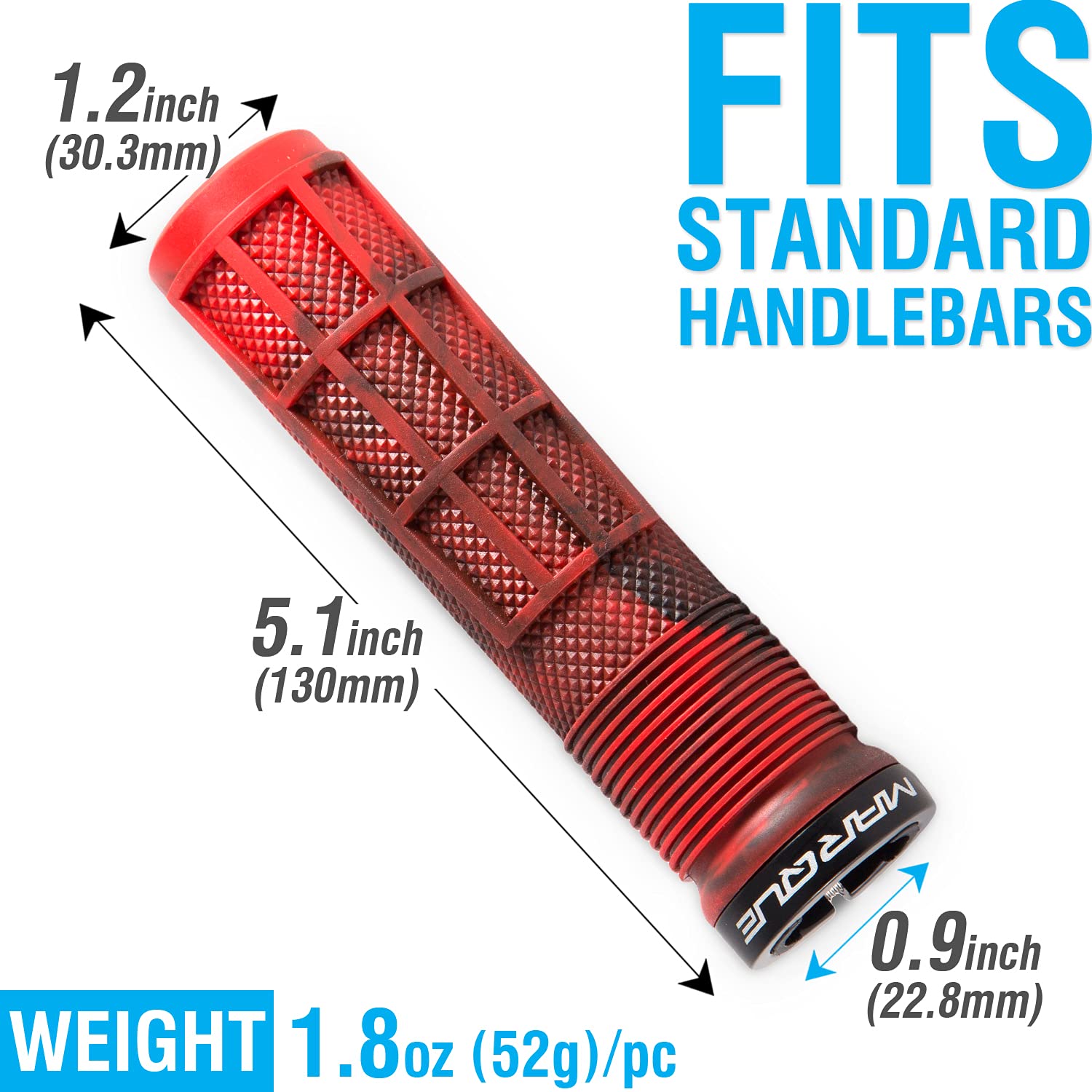MARQUE Race Mountain Bike Handlebar Grips – Single Lock-On Ring Collar MTB and BMX Bicycle Handle Bar with Non-Slip Grip, Knurly Gritty Pattern and Half Waffle Pattern (Flame Red)