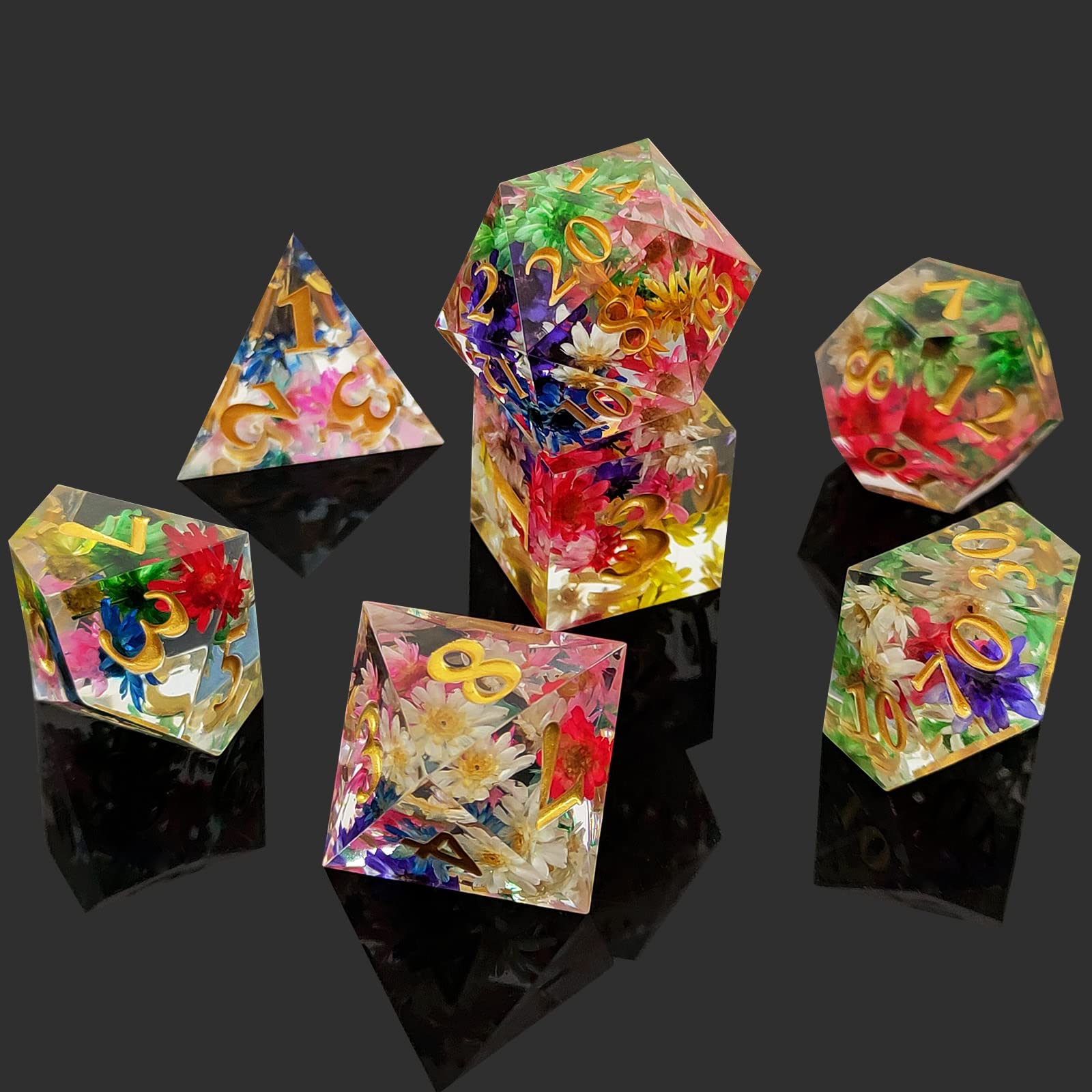 Resin D&D Dice Set, 7 Pcs Sharp Edge DND Dice Set, Dungeons and Dragons Dice Polyhedral D and D Dice, with Metal Box for RPG MTG Pathfinder Role Playing Dice D20 D12 D10 D8 D6 D4