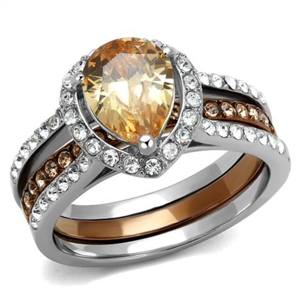 Marimor Jewelry 2.08 Carat Pear Cut Champagne Zirconia Two Toned Stainless Steel Wedding Ring Set Size 6