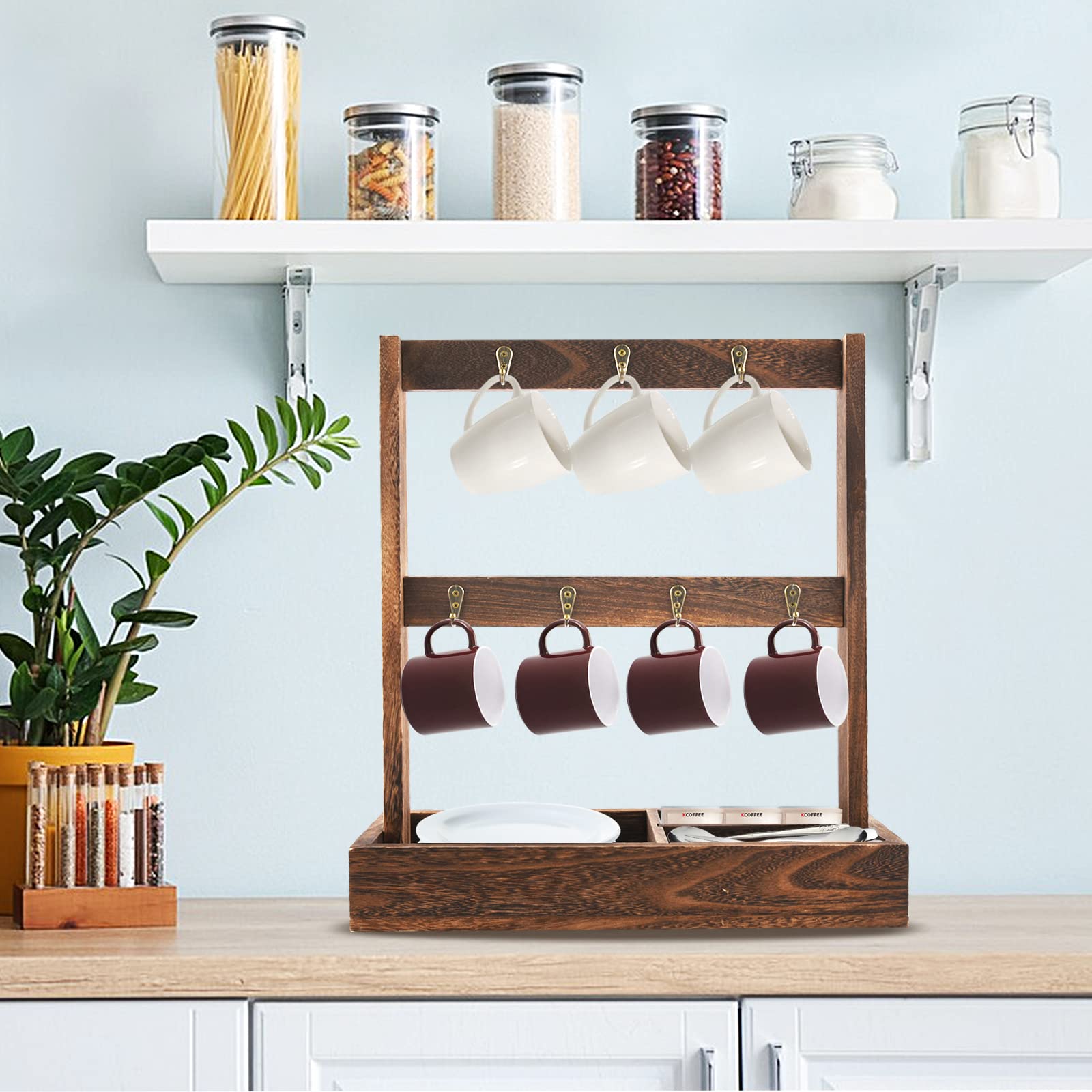 OHCCYML Rustic Coffee Mug Holder, 2 Tier Wood Coffee Cup Holder with Double Sided Hooks for 14 Mugs, Coffee Mug Organizer Stand Rack for Countertop, Display, Kitchen