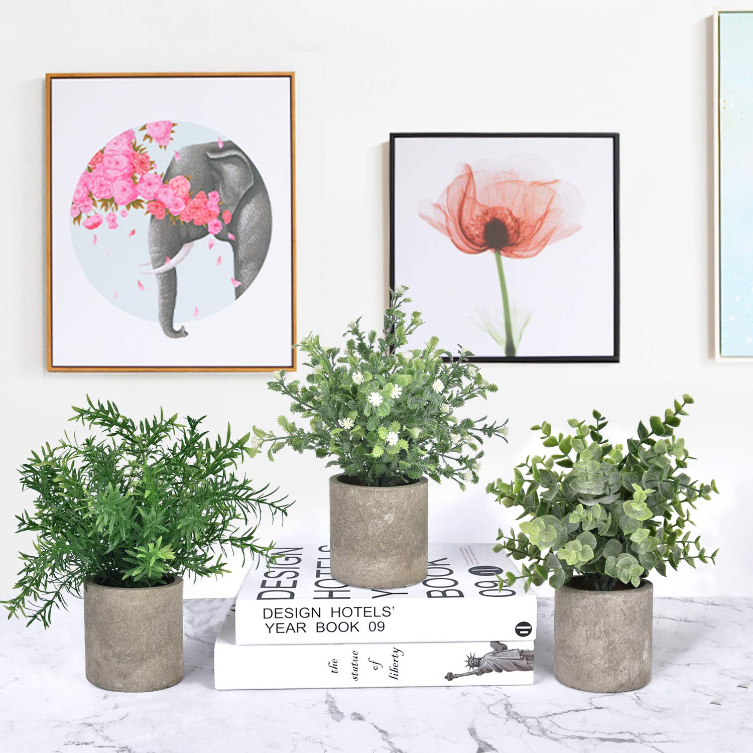 MARTINE MALL Fake Eucalyptus Pot Artificial Eucalyptus Plants with Vase 3 Pack Mini Fake Eucalyptus Plants for Indoor House Office Restaurant or Outdoor Garden Wedding Decorations 9.4in Tall