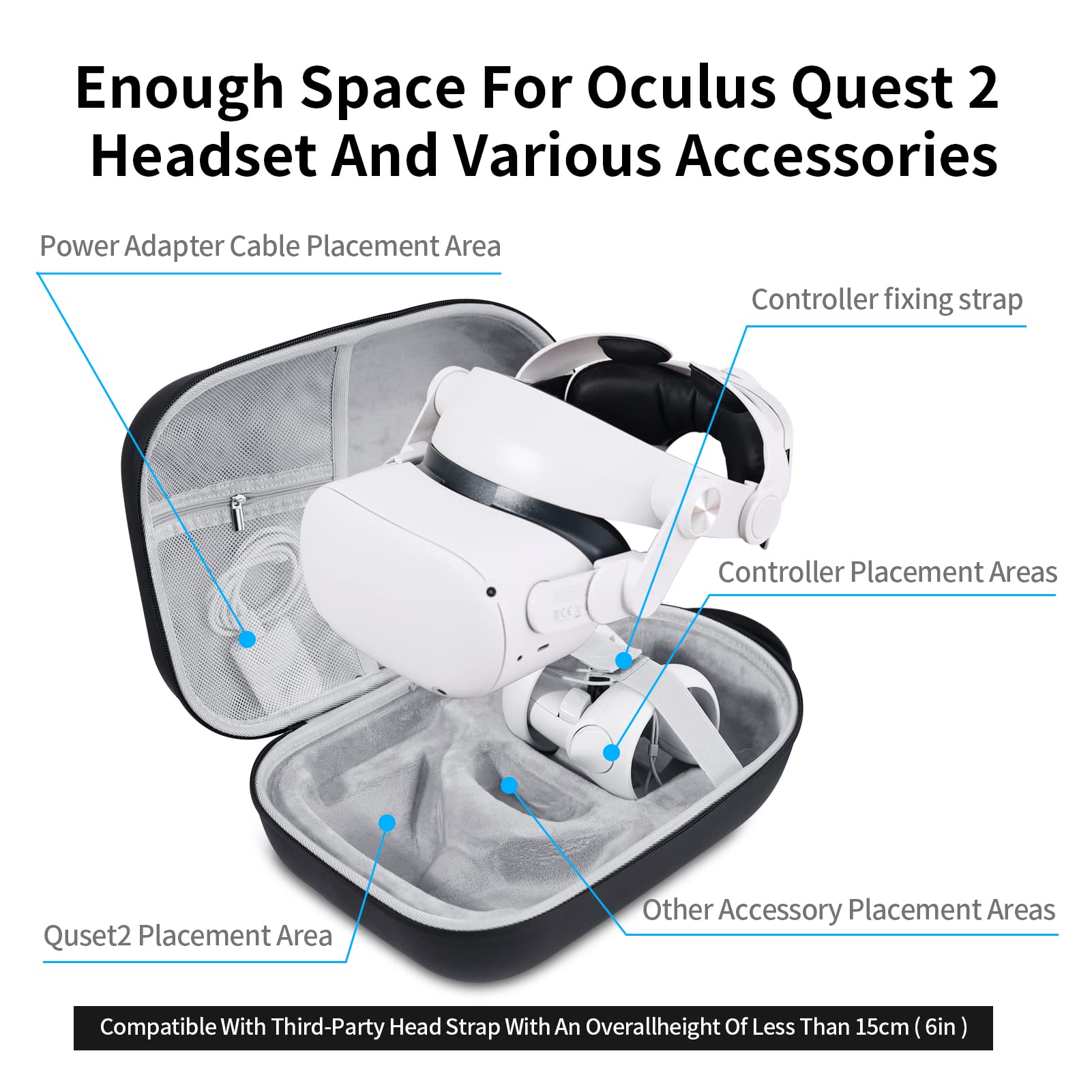 ZORETCO Carrying Case for Meta/Oculus Quest 2 - Hard Large Space Compatible Vr Headstrap Accessories Travel Bag