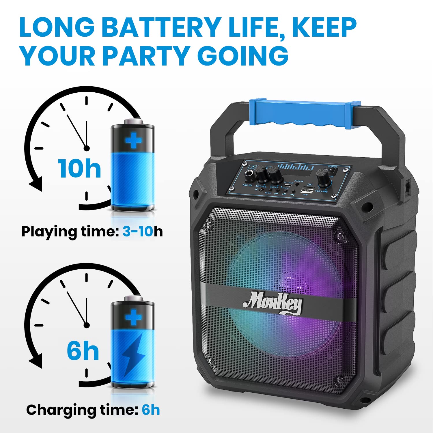 Moukey Portable Karaoke Machine - Bluetooth PA Speaker with Microphone, 6.5'' Stereo Speaker, DJ Lights, FM Radio, Remote Control, Rechargeable, Supports TF Card/USB - MPS2