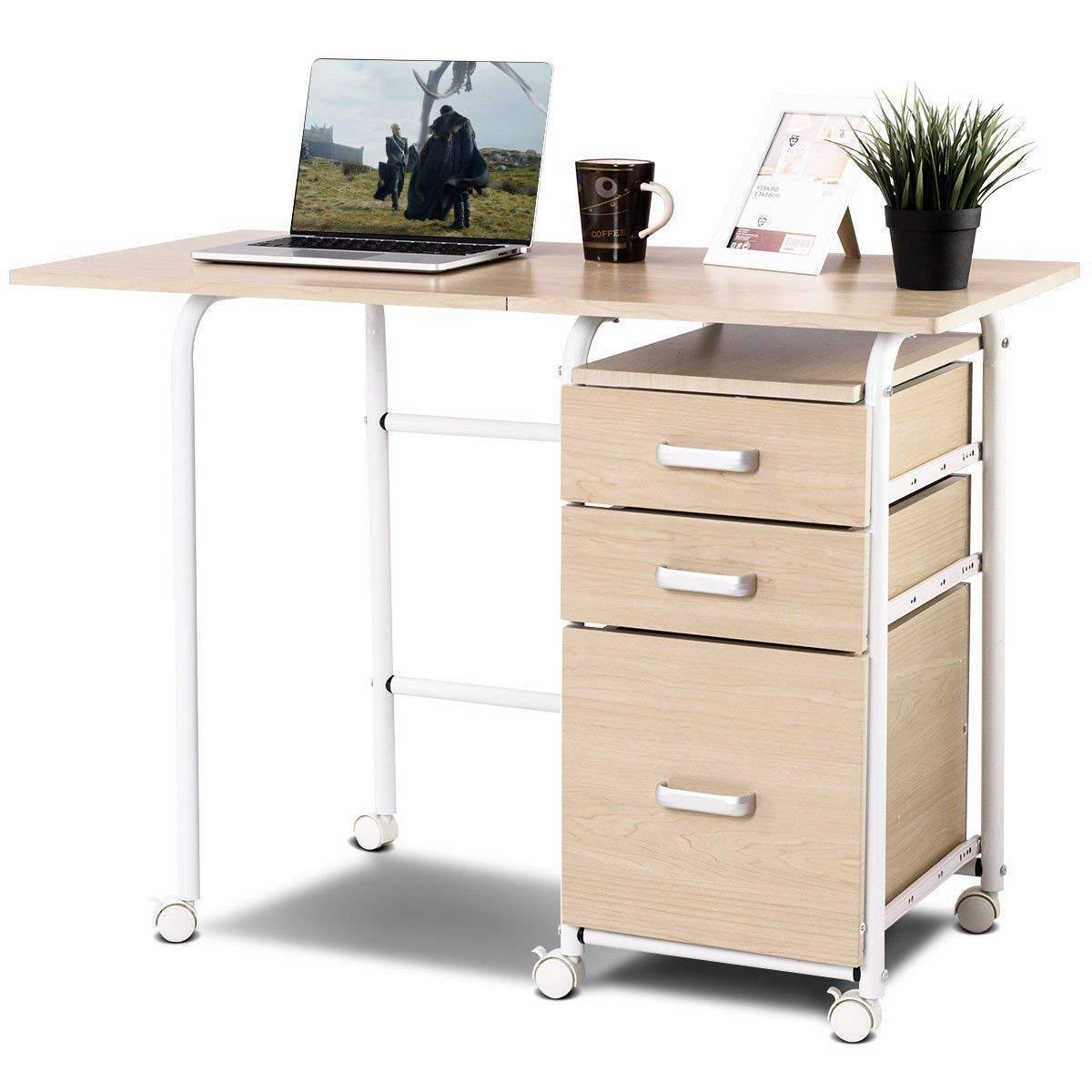 Natural Foldable Computer PC Laptop Work Desk Wheeled Office Furniture with 3 Drawers Home Office Study Computer Work Table Desk(U.S. Stock)