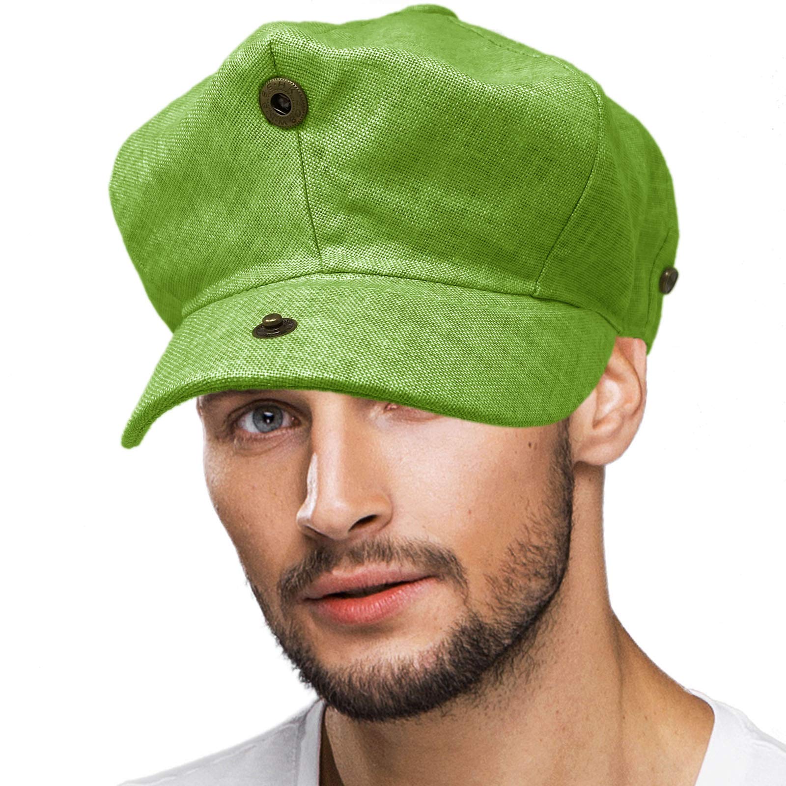 Men's 100% Linen Snap Front Newsboy Drivers Cabbie Gatsby Apple Cap Hat (L/XL, Olive)