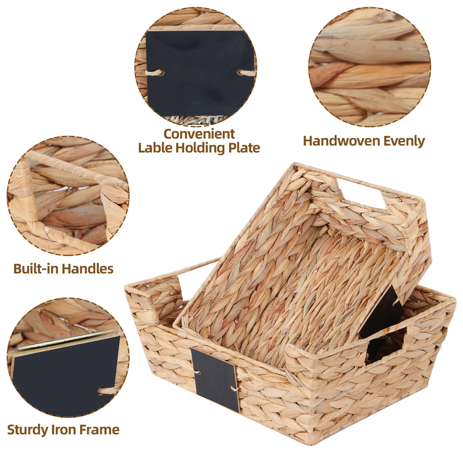 OUTBROS Storage Box Hand-Woven Wicker Storage Baskets, Multipurpose Open-Front Bin, Shelf Nesting Baskets, Desktop Makeup Organizer Container with Built-In Carry Handles, Water Hyacinth