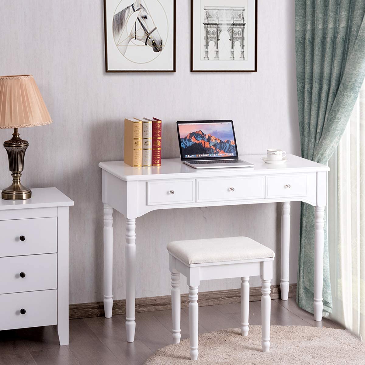 MAT EXPERT Vanity Desk Set with Mirror and 7 Drawers, Makeup Dressing Table w/Cushioned Stool, Dressing Table w/Partitioned Shelf, Modern Tri-Folding Mirror Vanities for Bedroom (White)