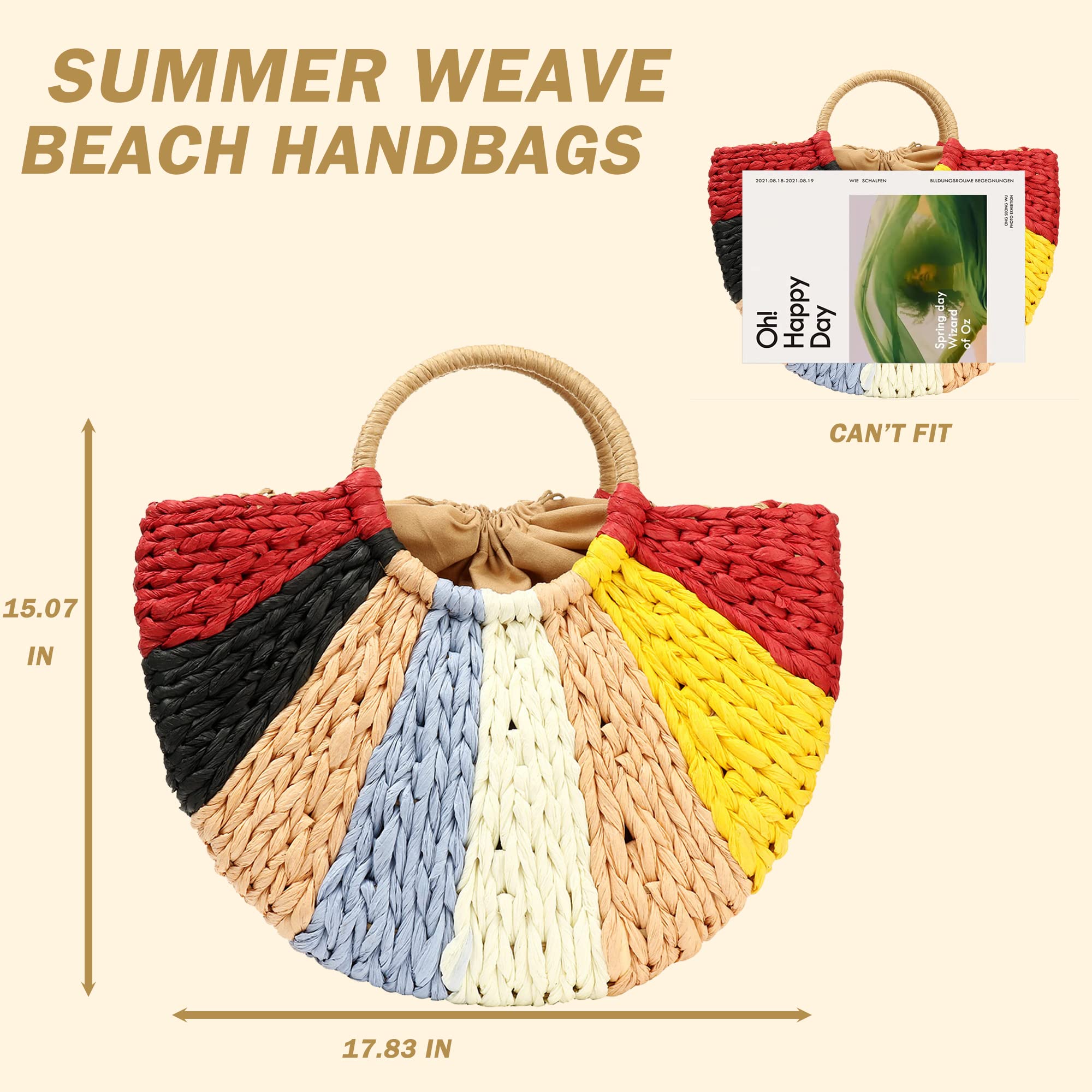 Summer Rattan Bag for Women Hand-woven Beach Top-handle Handbag Straw Rattan Tote Bags