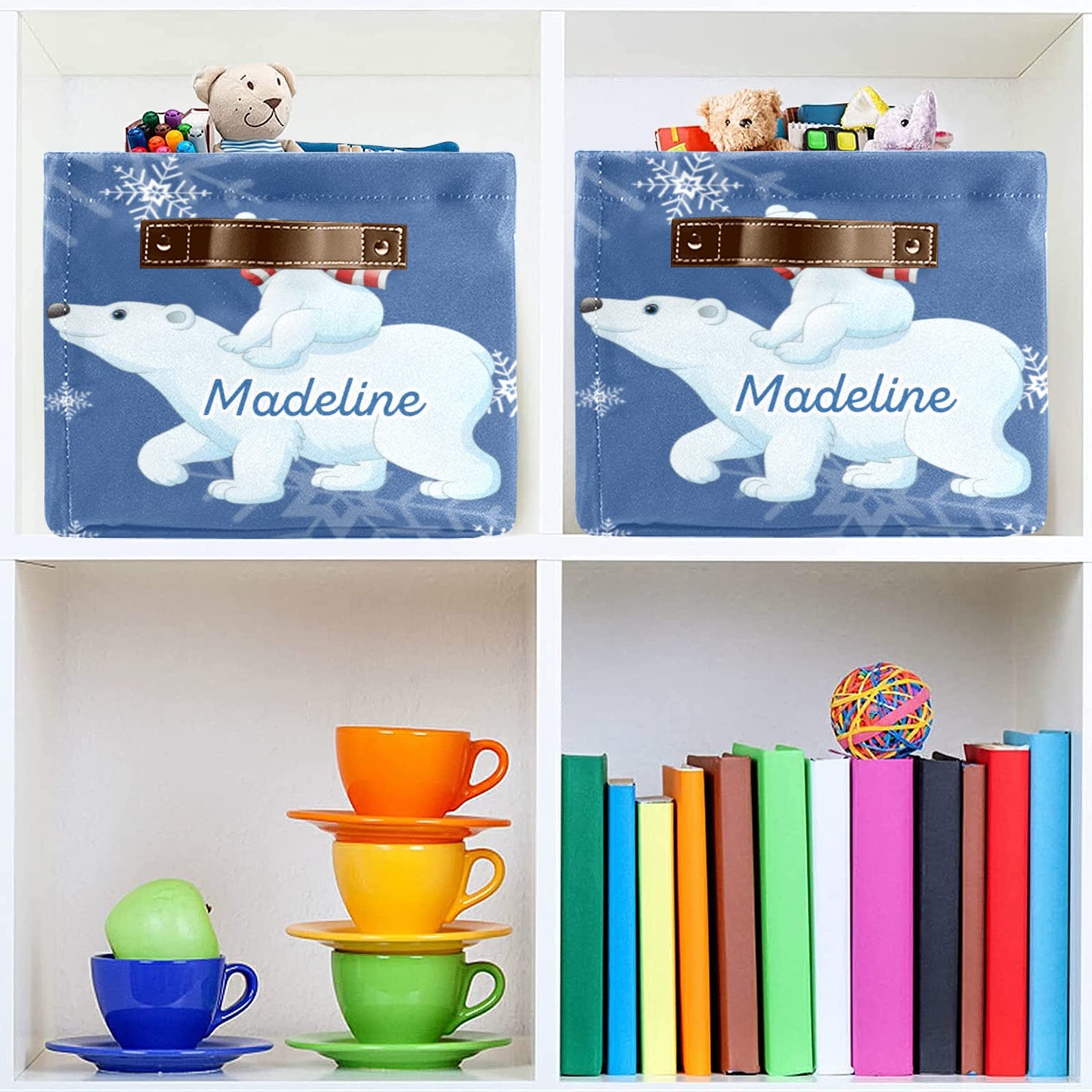 Winter Polar Bear Personalized Storage Basket,Custom Storage Bins Cubes Organizer with Handle for Bedroom Wardrobe,Nursery,Basket 1 Pack