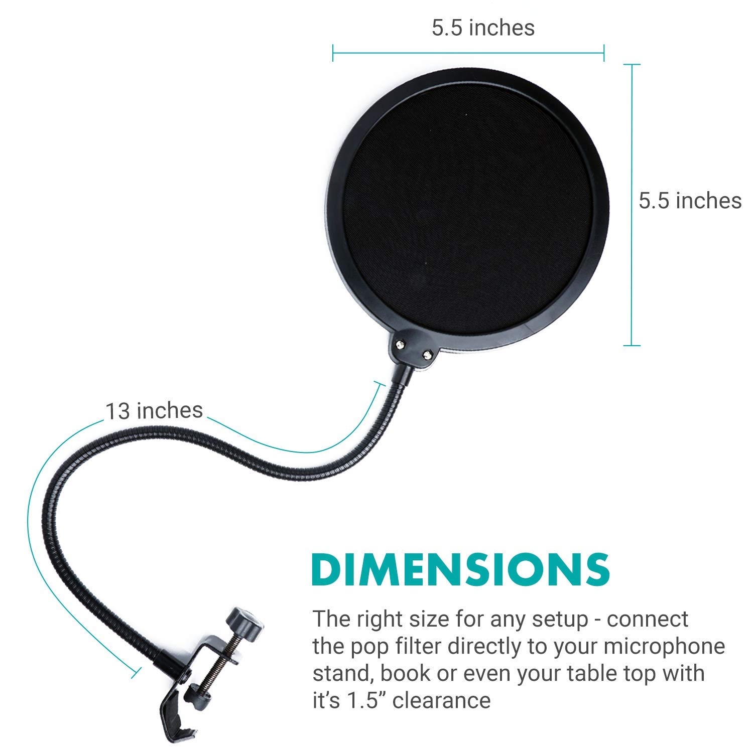 Movo PF-6 Dual Layer Nylon Mesh Microphone Pop filter, Gooseneck Arm and Clamp Mount. Pop Filter Delivers Professional Sound Quality Compatible with Blue Yeti, Blue Snowball Microphones and more