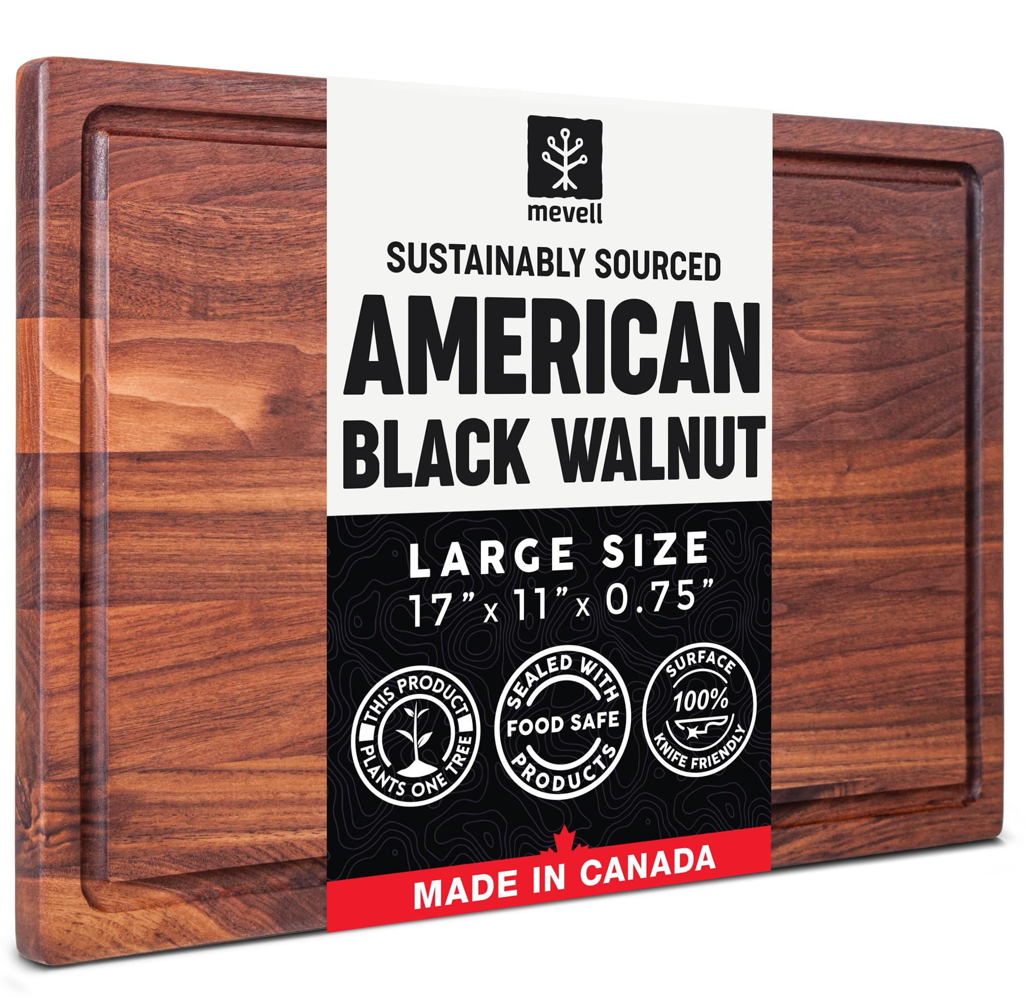 Mevell Walnut Wood Cutting Board for Kitchen, Reversible Wooden Chopping Board With Juice Grooves, Made in Canada (Walnut, 18x12x1.25)