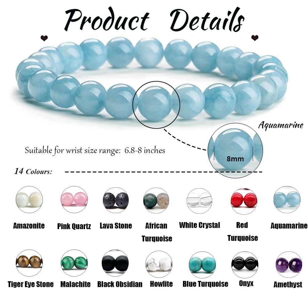 SROBENZ 14 Pcs 8mm Gemstone Crystal Beaded Bracelets for Men Women Stone Healing Bead Semi-Precious Stretch Round Bead Bracelets Unisex