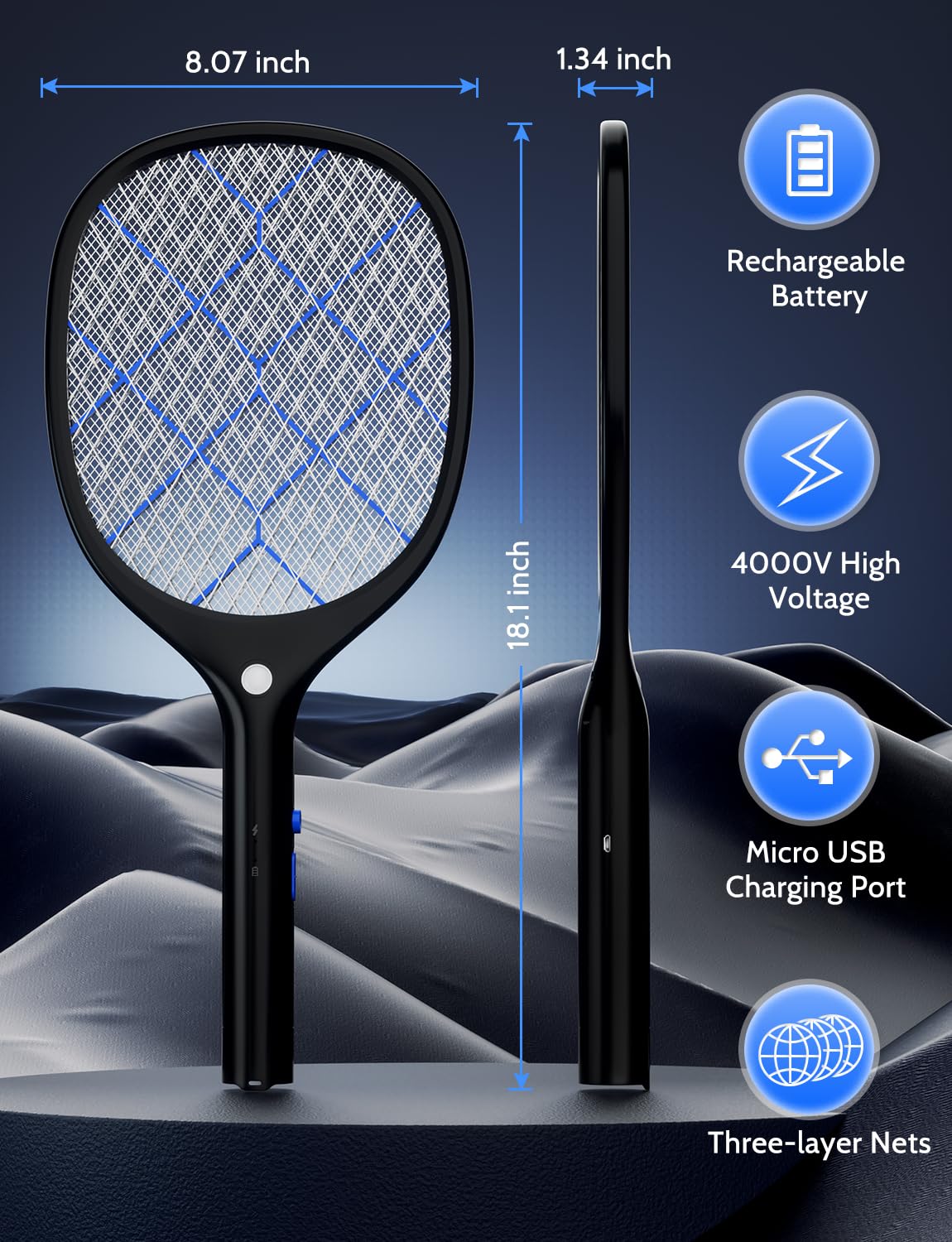 YISSVIC Electric Fly Swatter Bug Zapper Racket Rechargeable Mosquito Killer with LED Light for Indoor Home Office Backyard Patio Camping (Black)