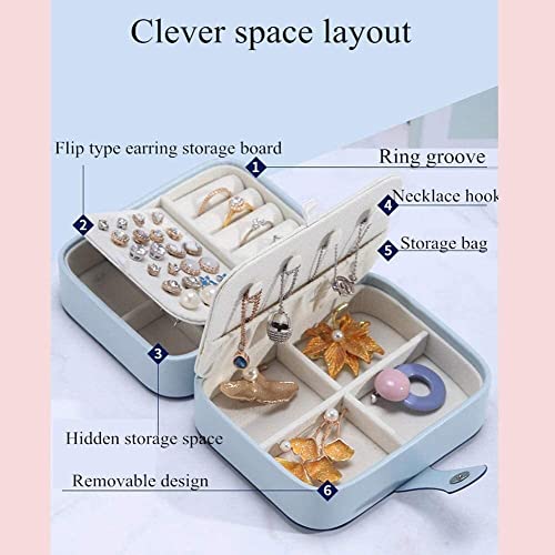 ZZYINH AN207 Korean-Style Double-Sided Jewlery Box Portable Jewelry Box Leather Ear Stud Ring Necklace Earrings Storage Box Small Jewelry (Color : Blue)