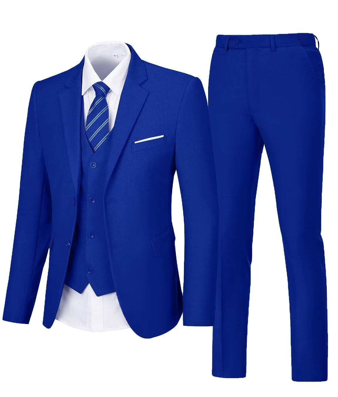 Men's 3 Piece Suit 2 Button Business Wedding Prom Slim Fit Suits Blazer Formal Tuxedo Vest & Trousers Royal Blue XL