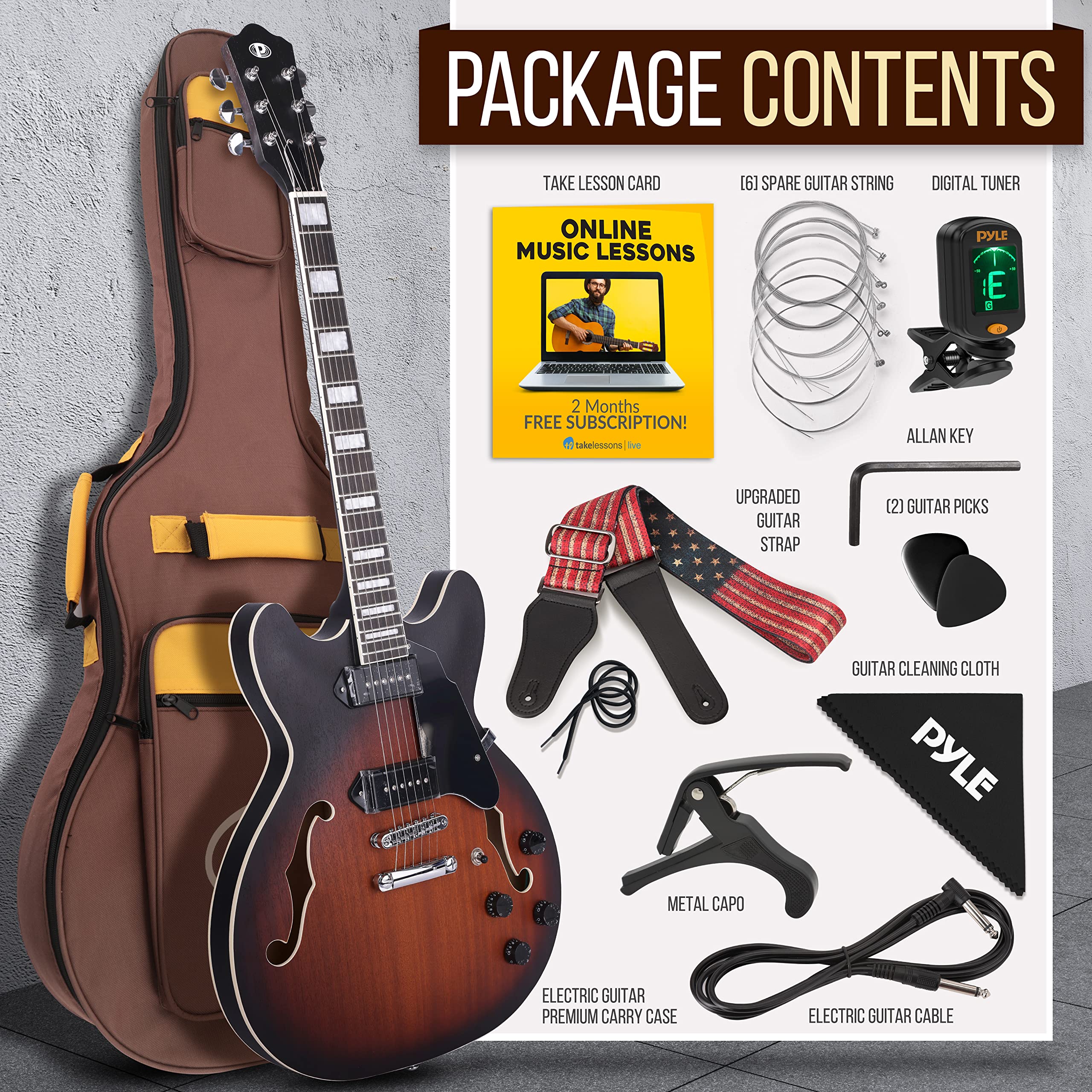 Pyle Semi Hollow Body Electric Guitar Set, 41.8β Full Size Jazz Instrument Kit w/ Gig Bag, Matte & Sunburst Finish