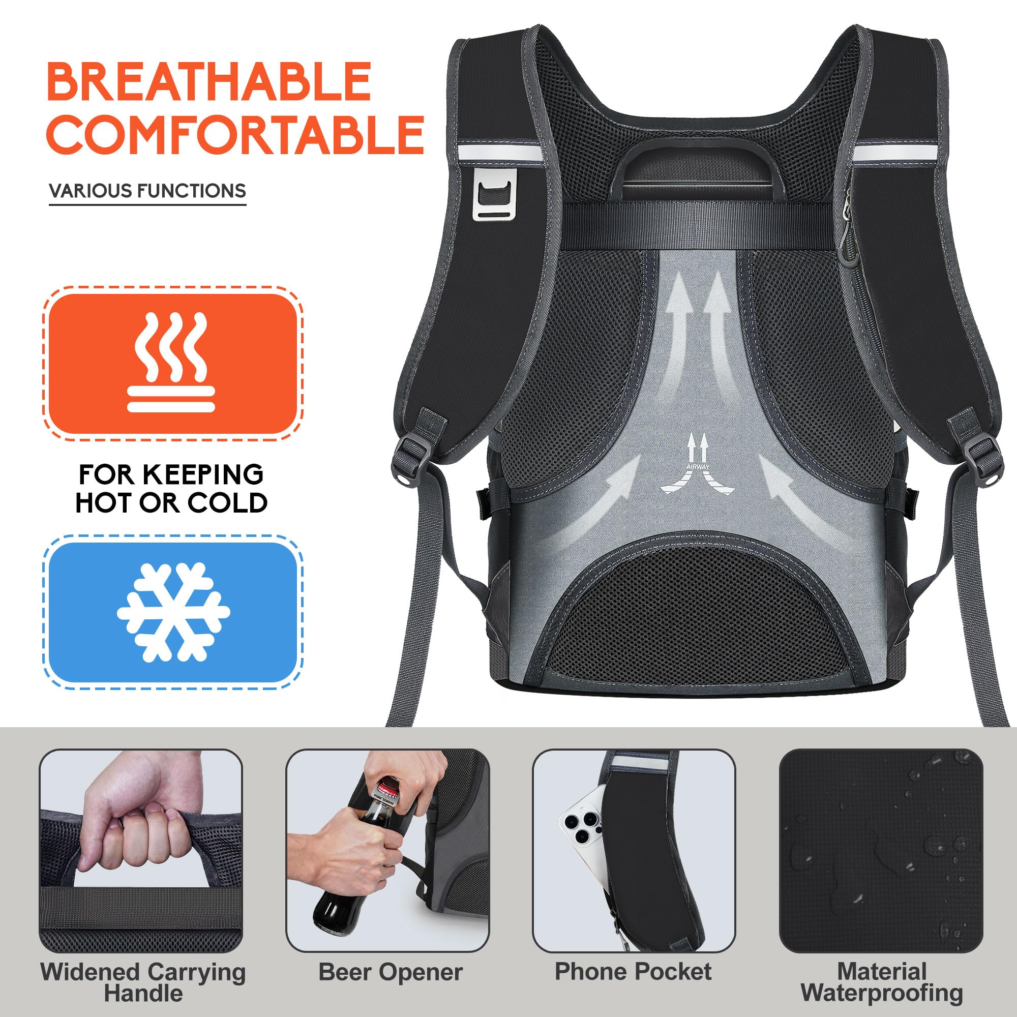 N NEVO RHINO Backpack Cooler, 36 Cans, Black, Nylon, Leakproof, Insulated, Large Capacity, Waterproof