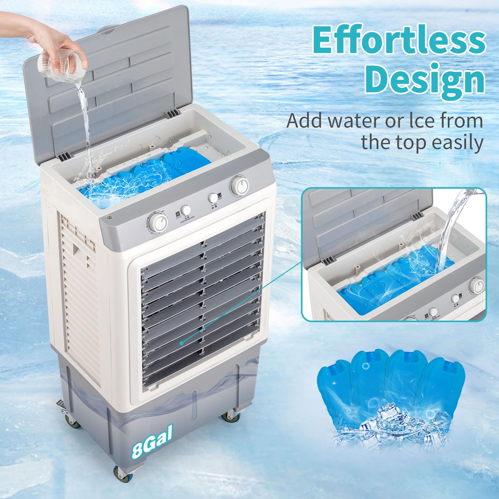 Winado Portable Swamp Cooler w/Wheels, 2353 CFM Evaporative Air Cooler w/ 8 Gallon Water Tank, 3-in-1 Cooling Fan with 3 Speed & Auto Oscillation & 1H Timer for Home & Commercial 80W