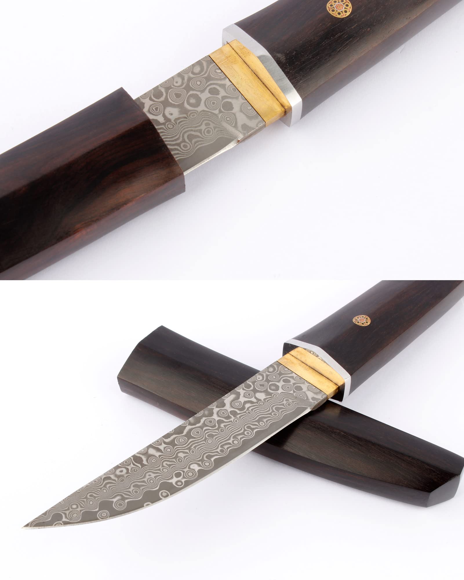 TENCHILON K87 Handmade Samurai Full Tang Classic Japan Katana Knife, Damascus Drop Point Fixed Blade for Outdoor Camping Tactical, Hunting, Survival Slicing Knives with Wooden Sheath