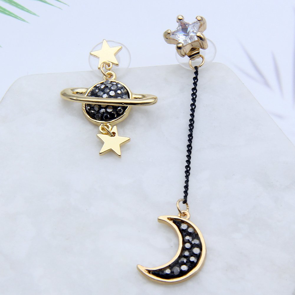 Moon And Star Dangle Earrings For Women Sterling Silver Hypoallergenic Sensitive Ears Unique Chic Kpop Asymmetry Design Boho Cubic Zirconia Planet Drop Earrings Jackets (Black)
